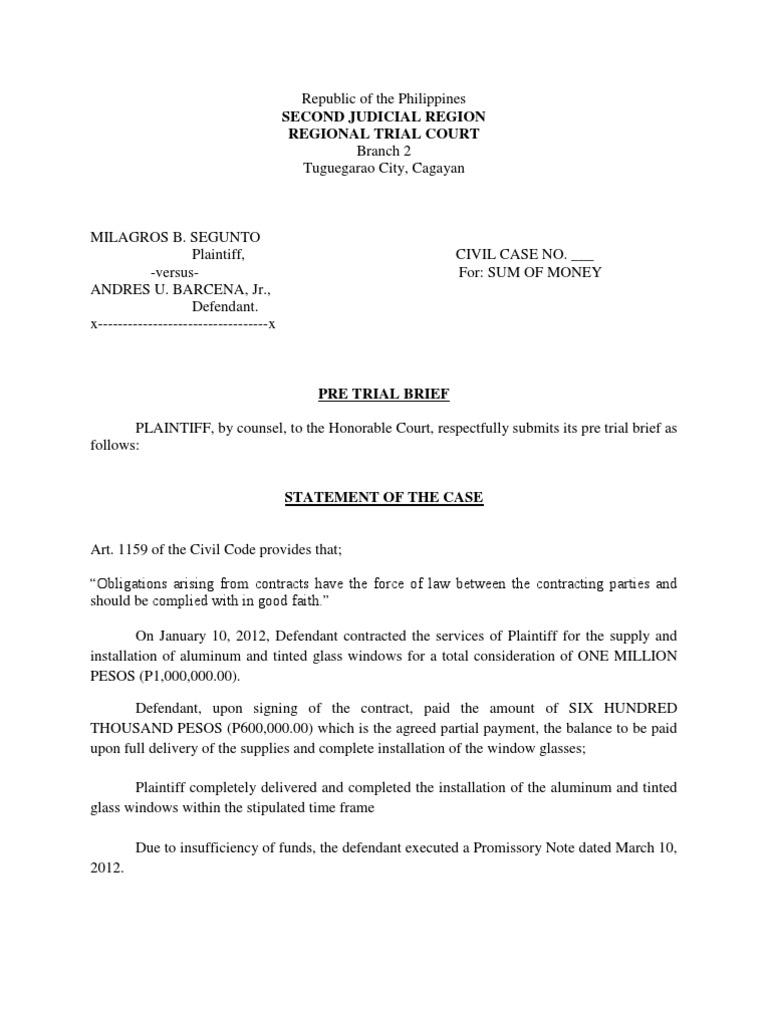 Pre Trial Brief | Promissory Note | Brief (Law)