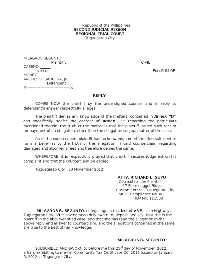 Reply and Answerto Counterclaim | PDF