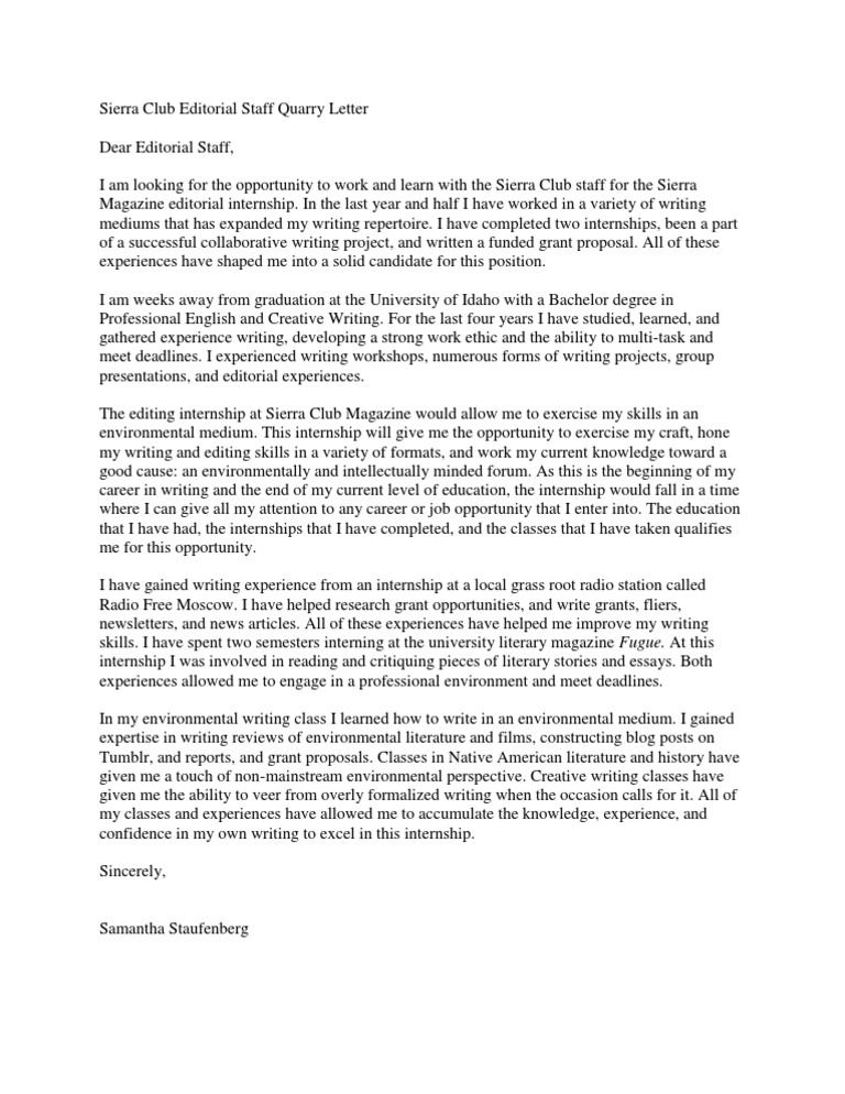 Quarry Letter | Creative Writing | Internship