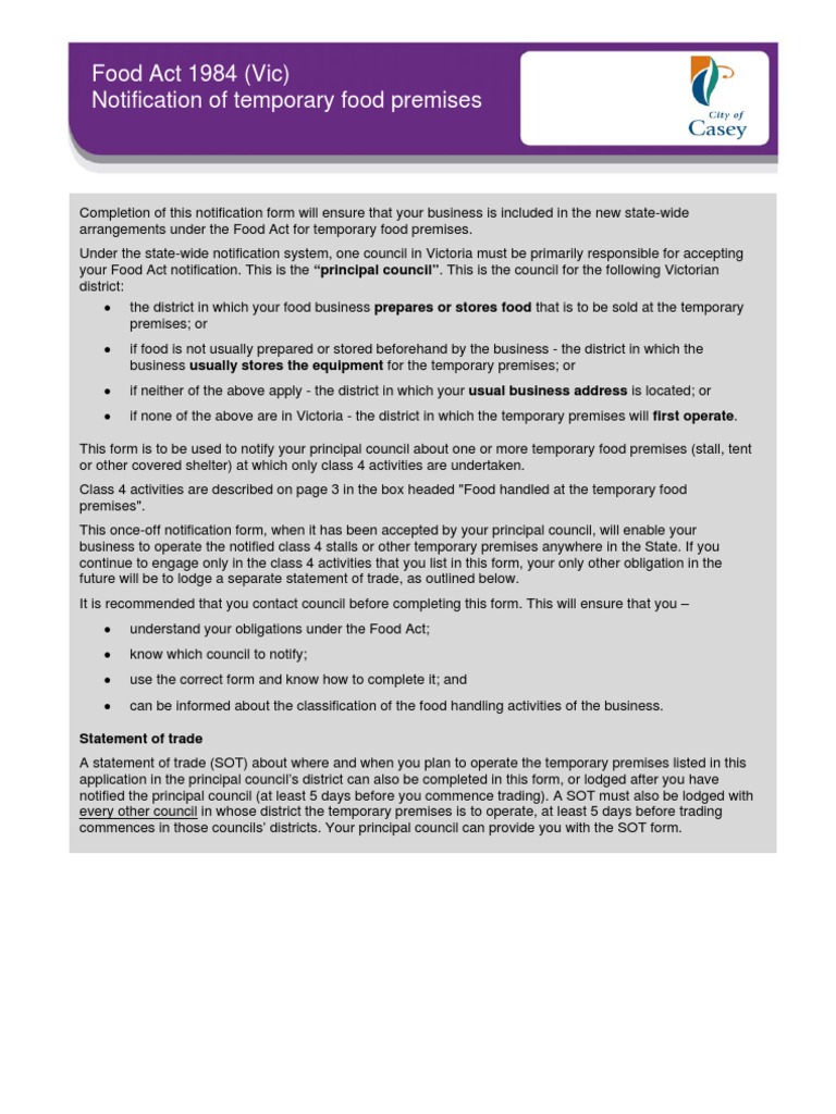 Temporary Food Premises V9jul12 | PDF | Fruit Preserves | Foods