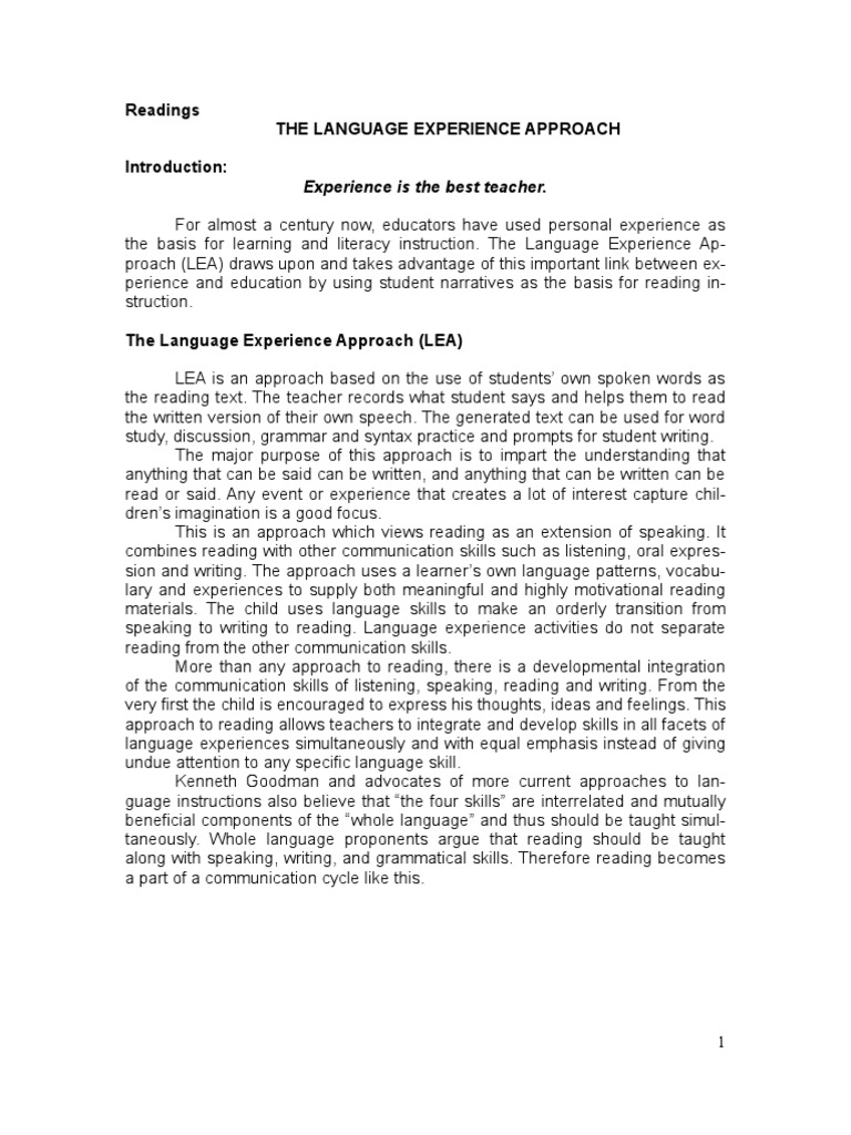 The Language Experience Approach Readings | PDF | Reading (Process ...