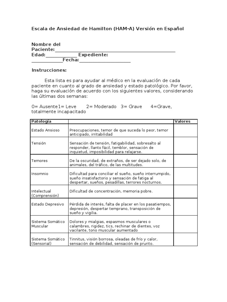 Escala de Ansiedad de Hamilton (HAM-A) | PDF