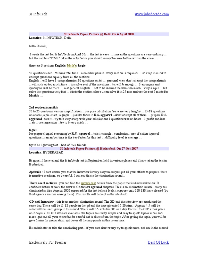 3I Infotech Paper Pattern | PDF | Cognition