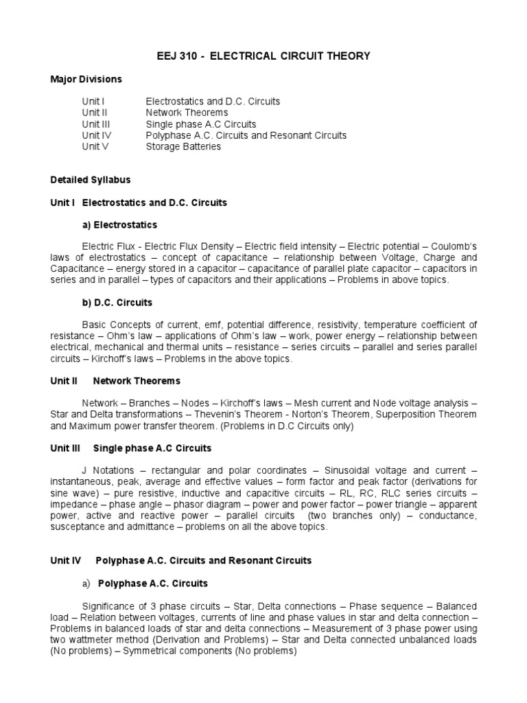 EEJ 310 Electrical Circuit Theory Syllabus | PDF | Electrical Network | Series And Parallel Circuits