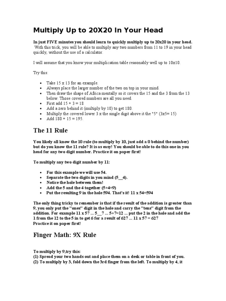 Multiply Up To 20X20 in Your Head | PDF | Multiplication | Elementary ...
