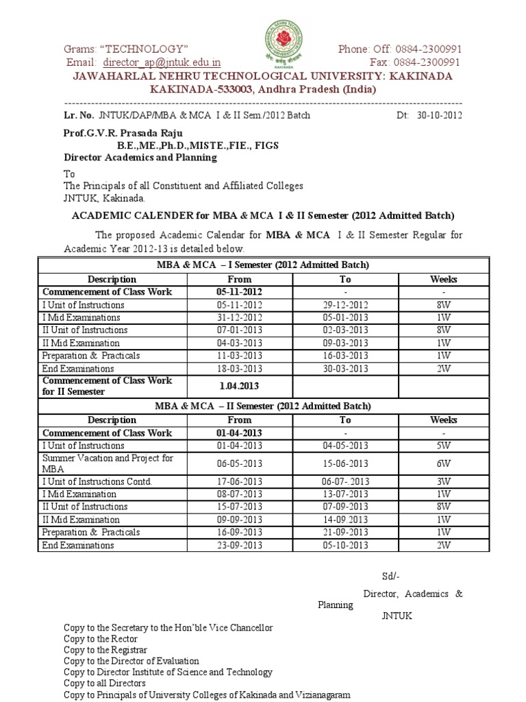 JNTUK MBA & MCA Academic Calendar 2012 | PDF