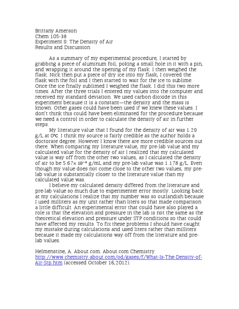 Density of Air Experiment Results | PDF
