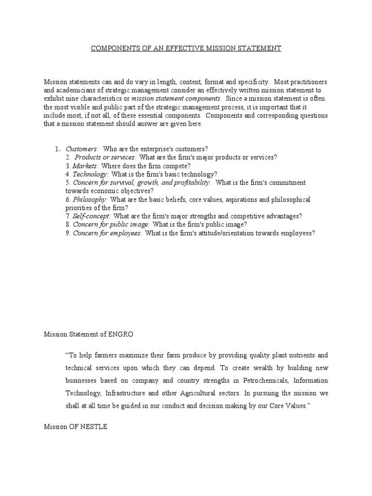 Nine Components of Mission Statements | PDF | Strategic Management ...