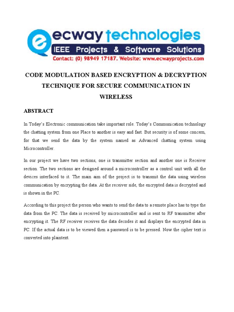 Code Modulation Based Encryption And Descryption Technique For Secure Communication In Wireless