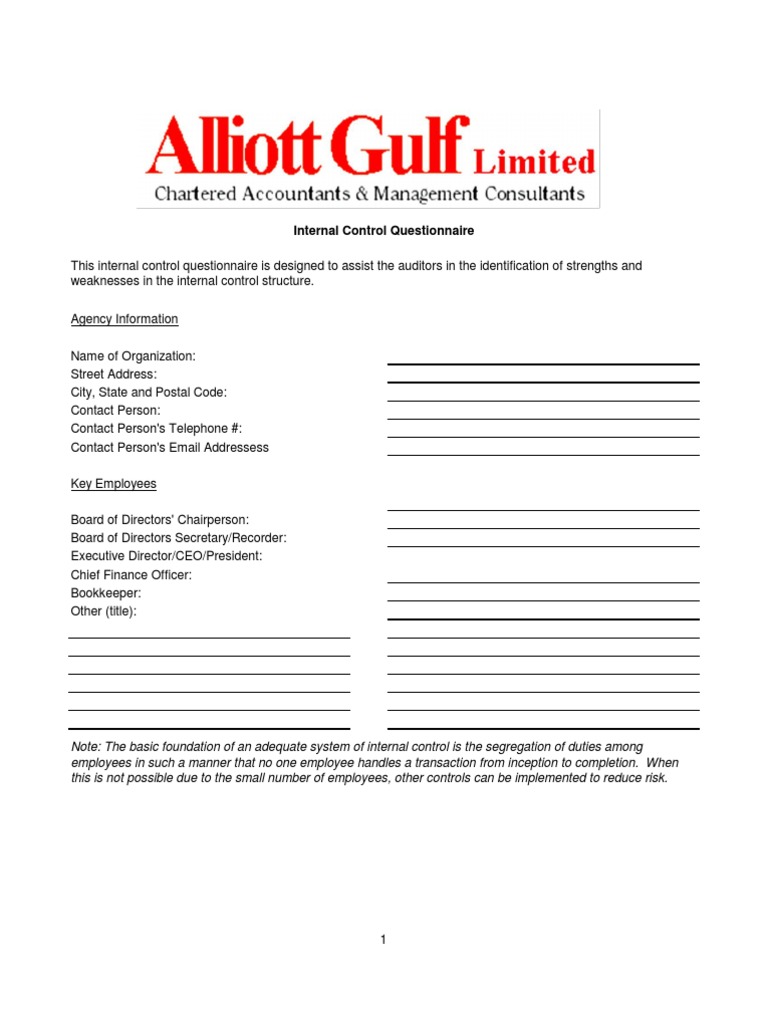 Internal Control Questionnaire (ICQ) | PDF | Cheque | Invoice