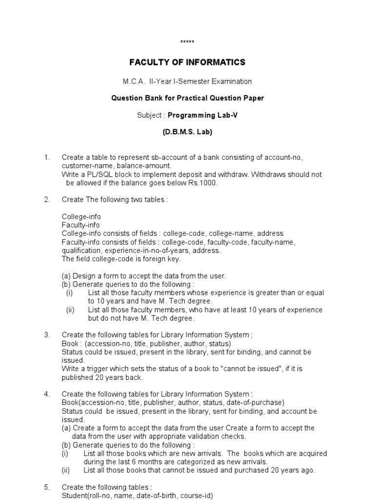 MCA Database Lab Questions | PDF | Pl/Sql | Databases
