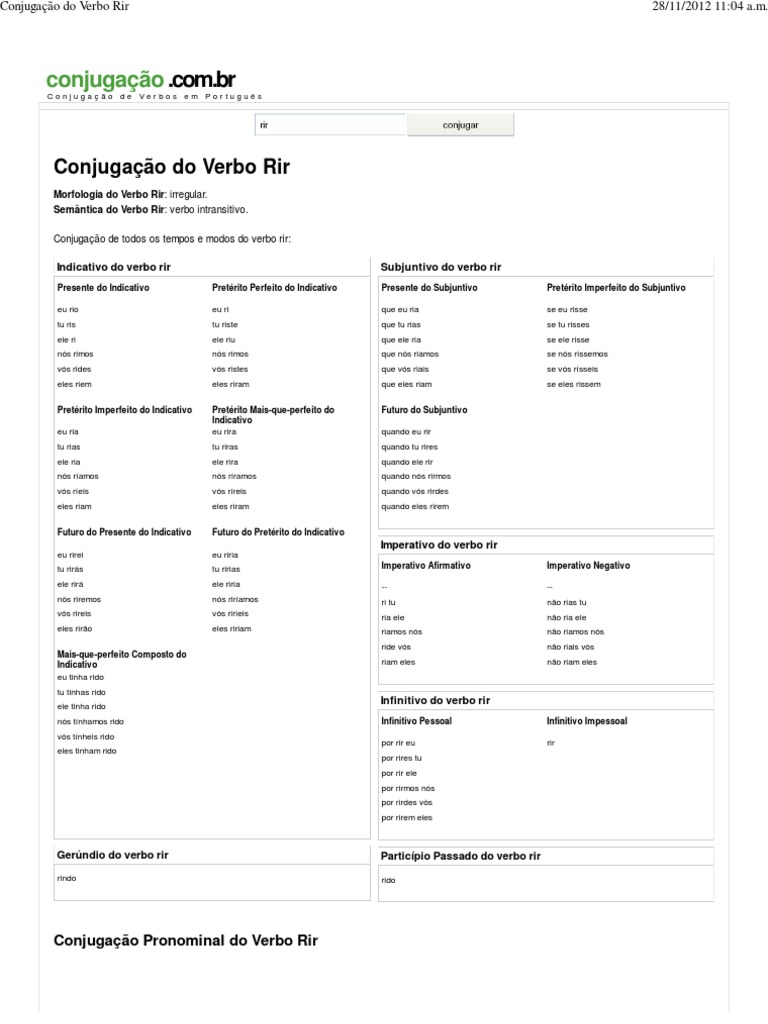 Conjugação Do Verbo Rir | PDF | Tempo gramatical | Línguas faladas na ...
