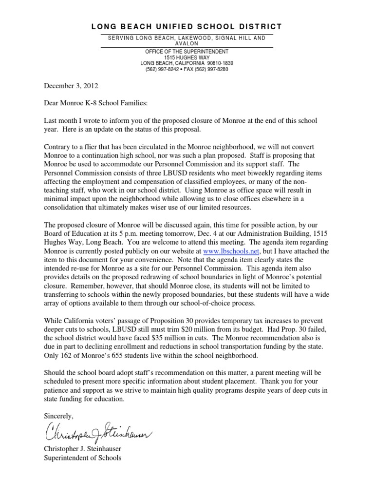 Long Beach Unified School District Letter | Public Sphere | Government