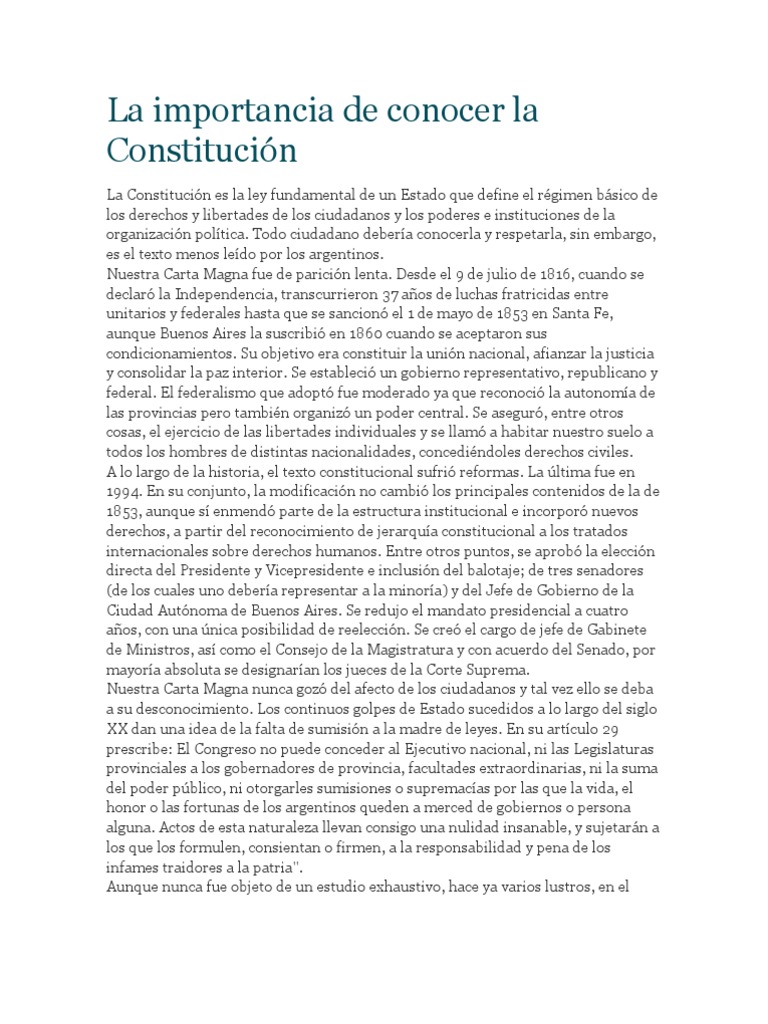 La Importancia De Conocer La Constitución Pdf Federación Constitución