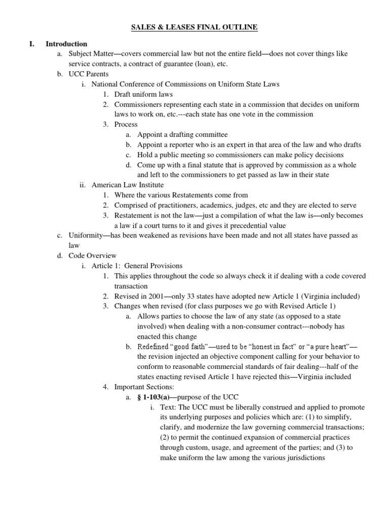 Sales and Leases Outline Final | PDF | Parol Evidence Rule | Offer And ...