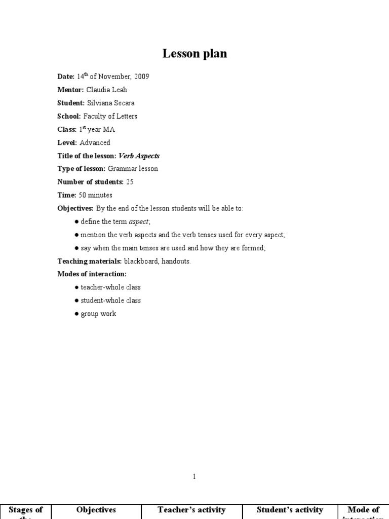 Lesson Plan - Verb Aspects | PDF | Perfect (Grammar) | Grammatical Tense