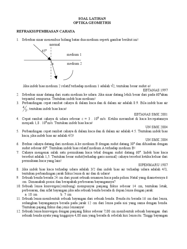 Soal Latihan Optik Pembiasan Cahaya | PDF