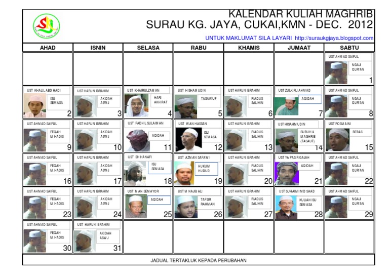Kalendar Kuliah Maghrib Surau 2012 | PDF