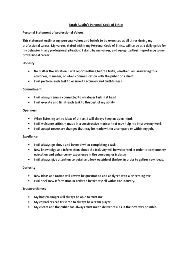 Personal Code of Ethics | PDF | Value (Ethics) | Trust (Emotion) Personal Code of Ethics | PDF | Value (Ethics) | Trust (Emotion)