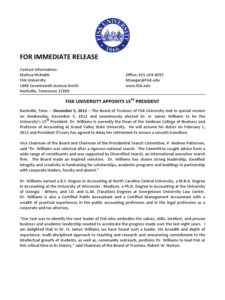 Fisk University Appoints 15th President | PDF | Presidents Of The ...