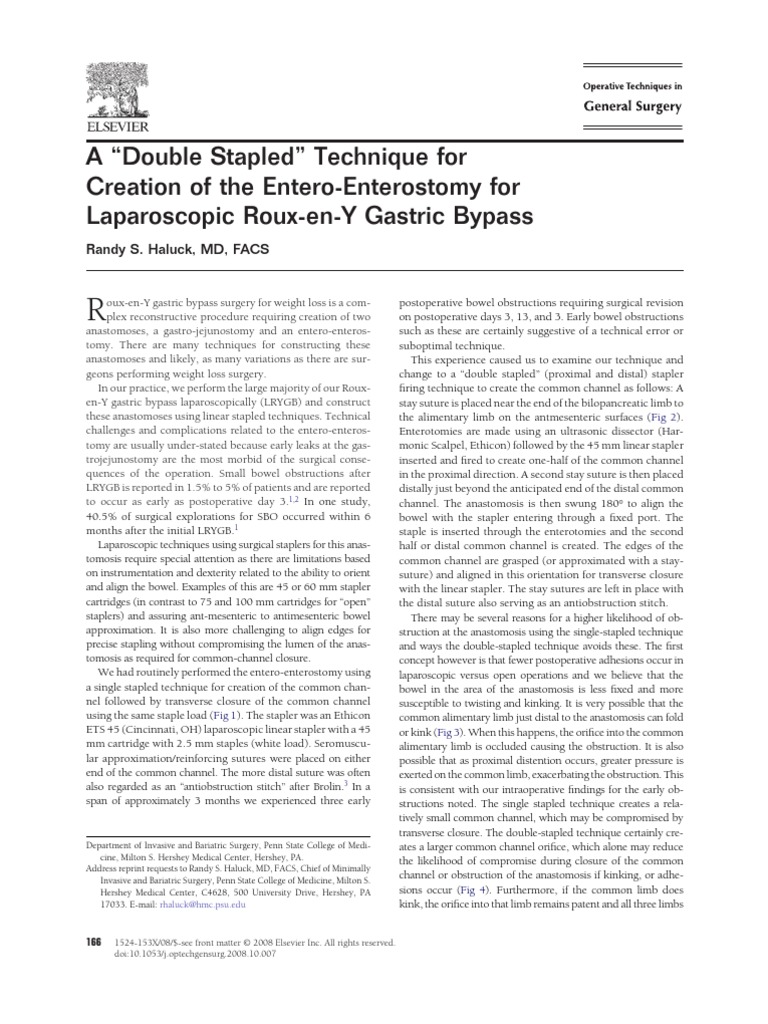 A "Double Stapled" Technique For Creation of The Entero-Enterostomy For ...