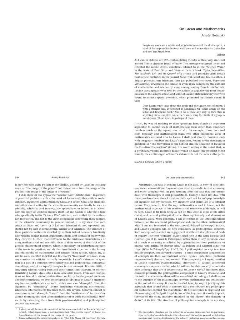 AP Lacan and Math Plotnitsky | PDF | Jacques Lacan | Complex Number