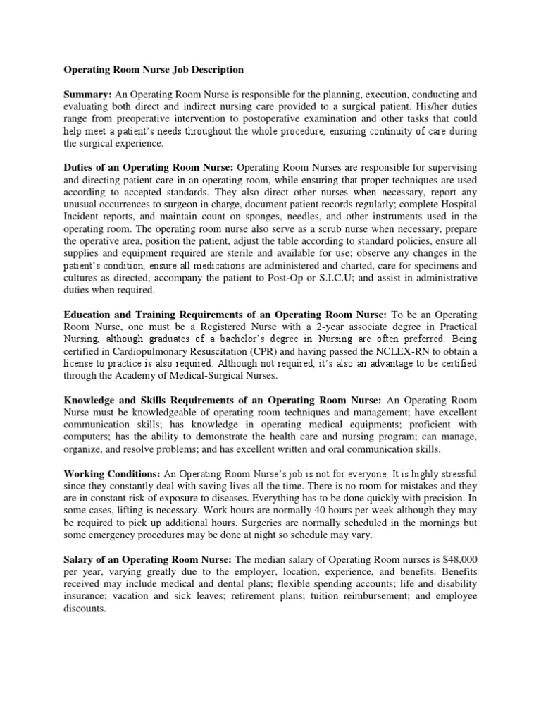 Operating Room Nurse Job Description | PDF | Operating Theater | Nursing