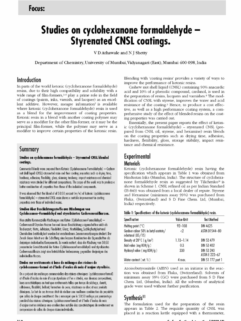 Studies On Cyclohexanone Formaldehyde | PDF | Varnish | Formaldehyde