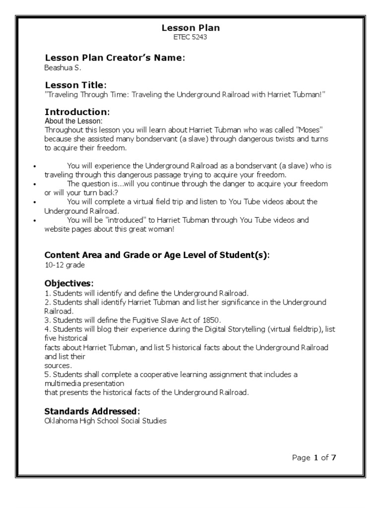 Harriet Tubman Lesson Plan | PDF | Homework | Lesson Plan