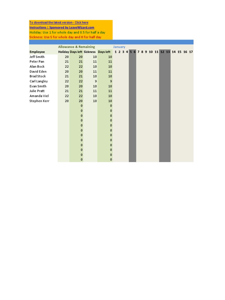 Free Template - Staff Holiday Planner Spreadsheet / Excel | PDF | Free ...