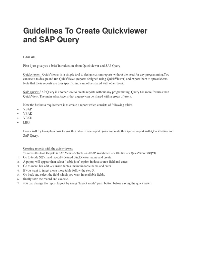 Guidelines To Create Quickviewer and SAP Query | PDF | Computer Data | Computer Engineering