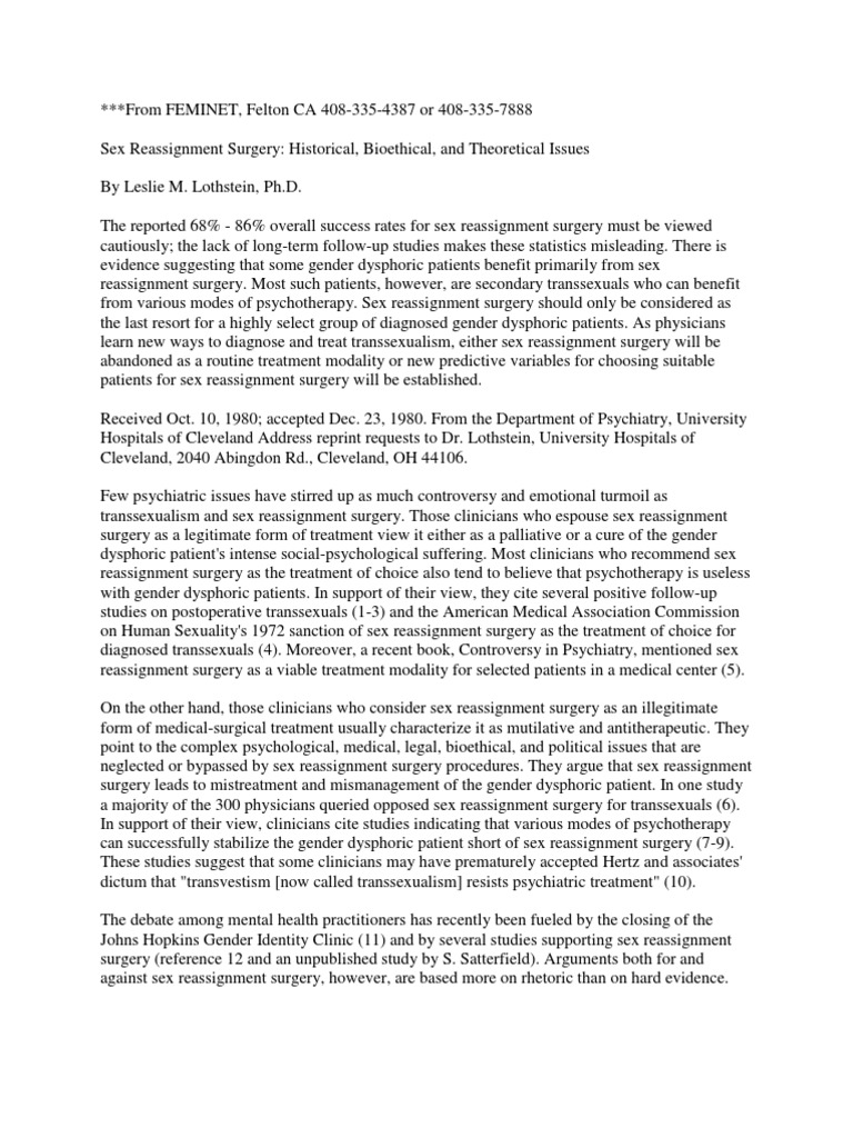 Sex Reassignment Surgery Historical Bioethical And Theoretical Issues Pdf Transsexual