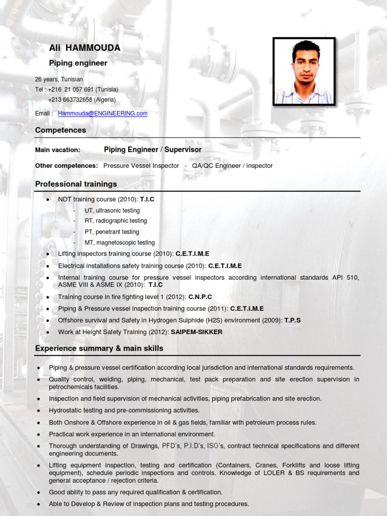 Piping Engineer Resume | PDF | Crane (Machine) | Natural Gas