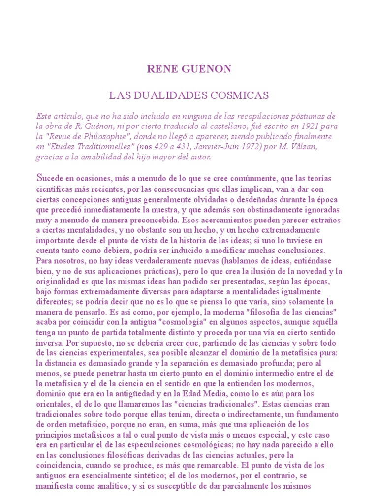 Las Dualidades Cósmicas René Guénon | PDF | Dualismo | Existencia