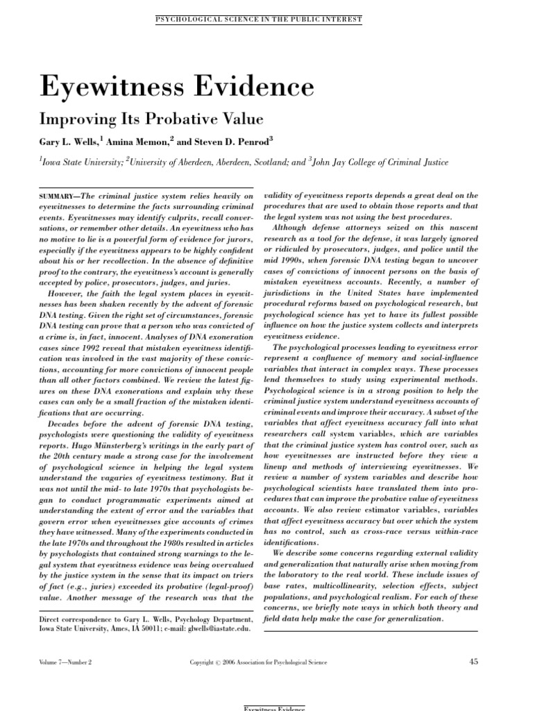 Eyewitness Evidence | PDF | Witness | Experiment