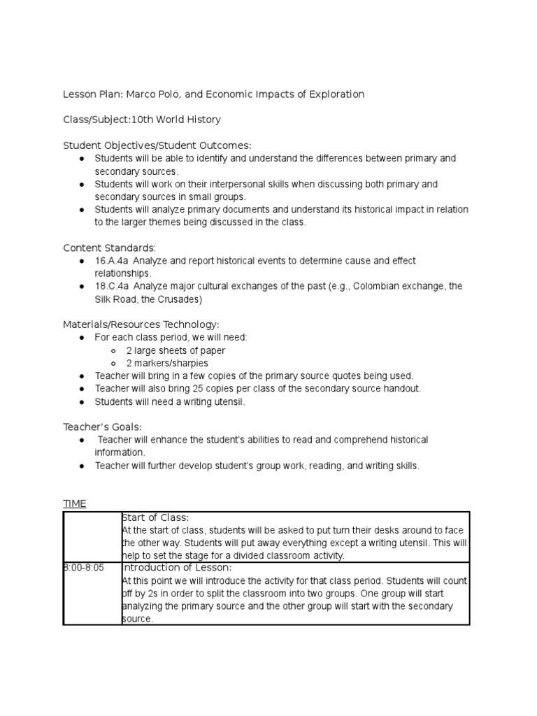 Marco Polo Lesson Plan | PDF | Lesson Plan | Primary Sources