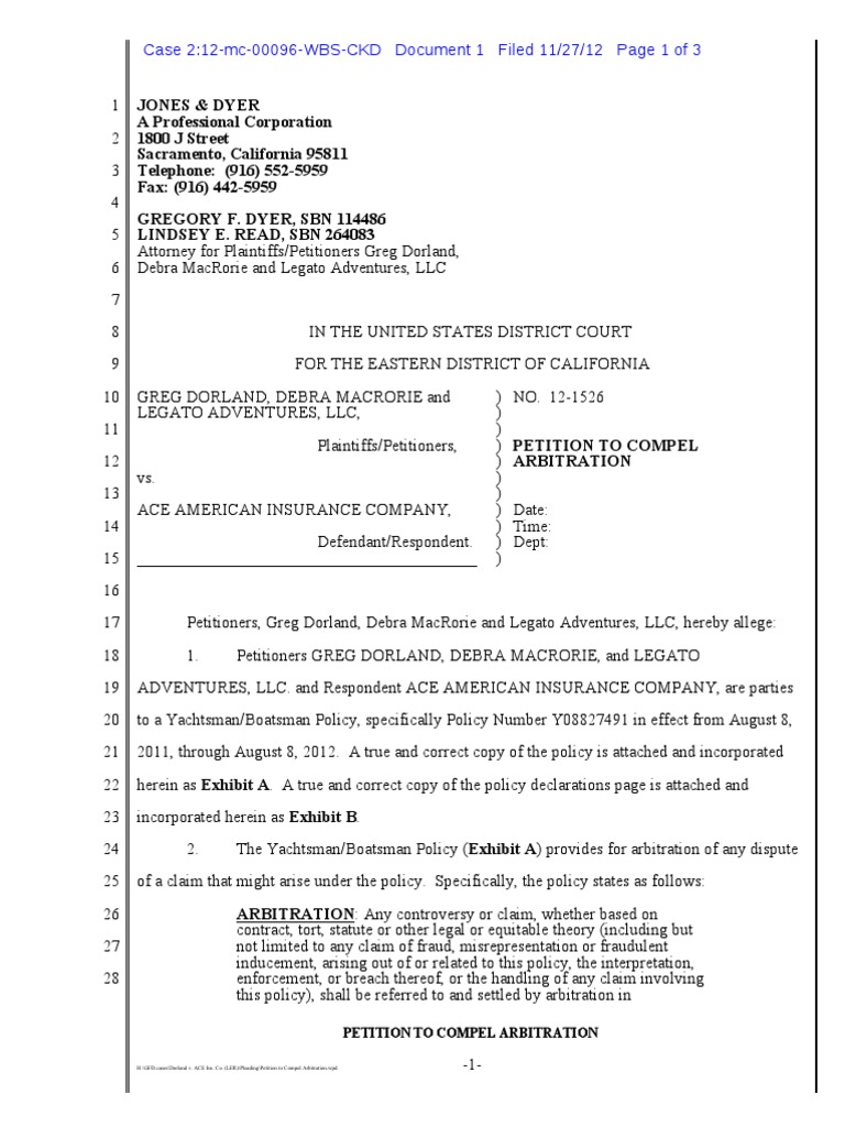 DORLAND, et al v. ACE AMERICAN INSURANCE COMPANY Petition to Compel ...