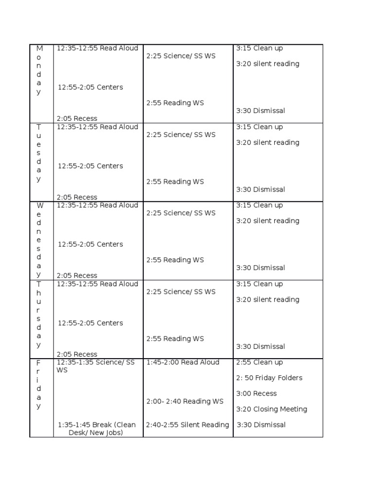 Weekly Afternoon Schedule | PDF