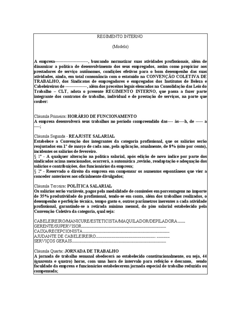 Modelo - Regimento Interno | PDF | Férias trabalhistas | Salário