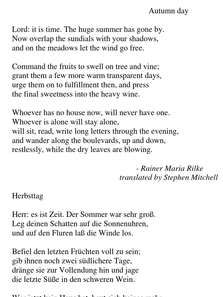 Rilke's "Autumn Day": Multiple Translations | PDF | Vitis | Crops ...