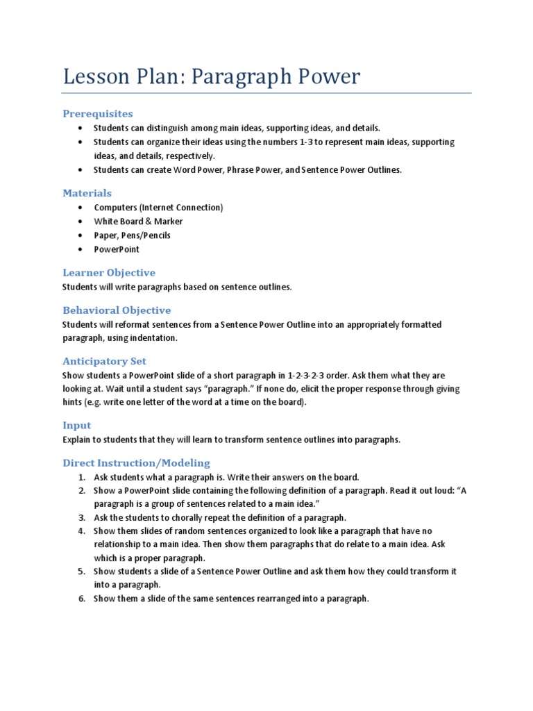 Lesson Plan Paragraph Power | PDF | Paragraph | Sentence (Linguistics)