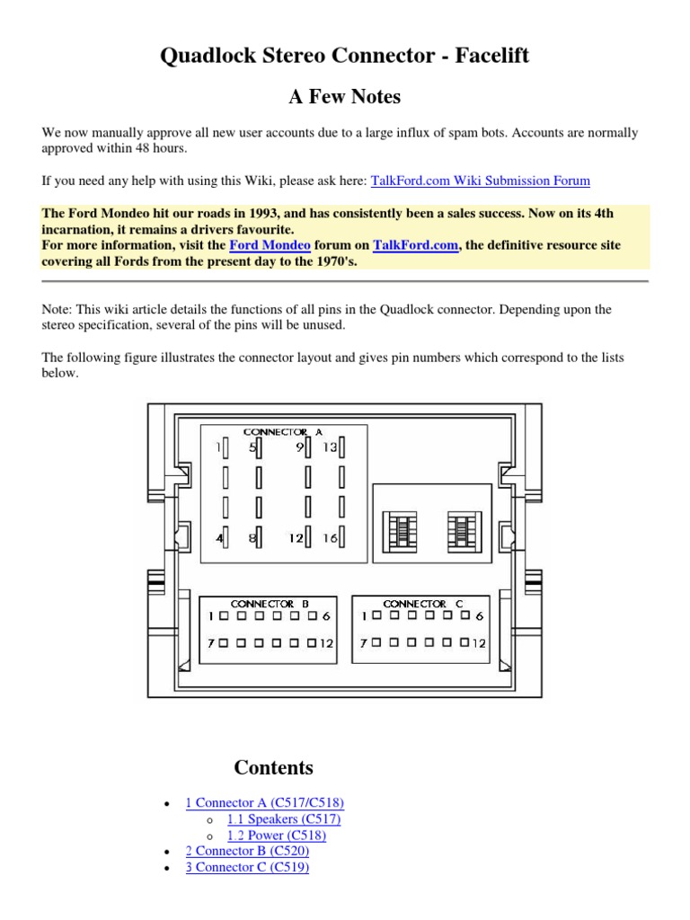 Pinout Diagram and Function Description for the Quadlock Stereo ...