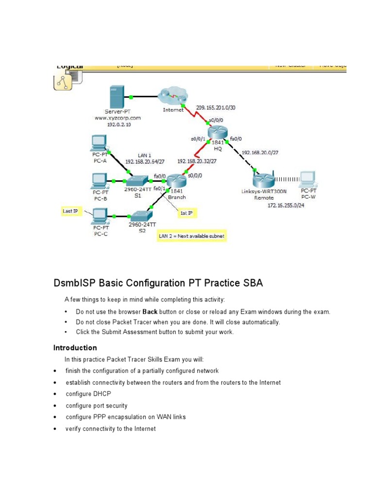 DsmbISP Basic Configuration PT Practice SBA | PDF | Router (Computing) | Ip Address