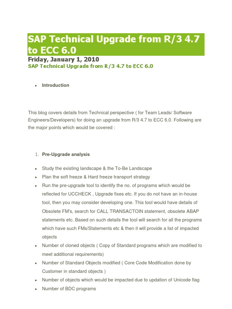 SAP Technical Upgrade From R3 4.7 To ECC 6.0 | PDF | Software | Areas ...