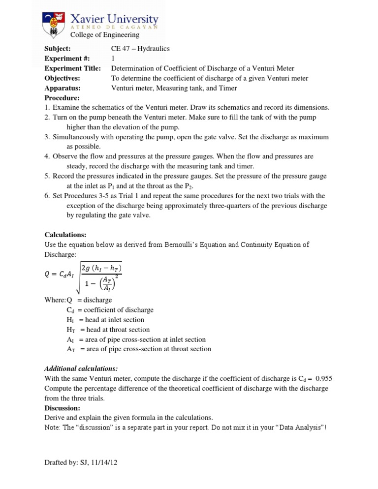 Venturi Meter Discharge Coefficient Determination | PDF | Pump ...