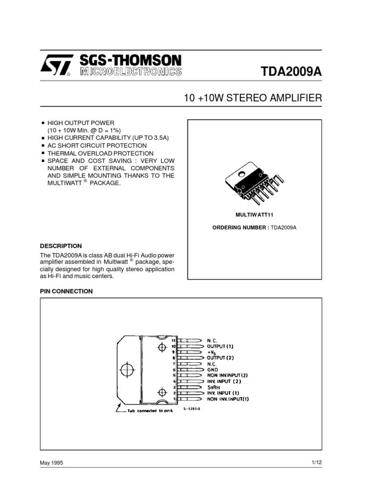 TDA2009a Datasheet | PDF | Amplifier | Electrical Engineering