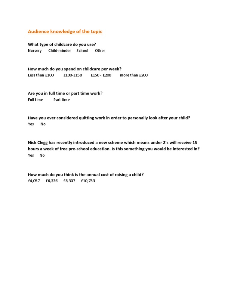 Audience Knowledge Questionnaire | PDF | Preschool | Child Care