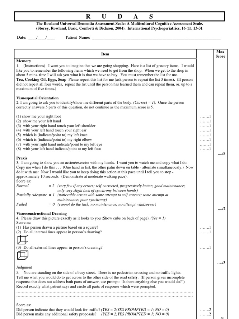 RUDAS Scale | Psychology & Cognitive Science | Neuropsychology
