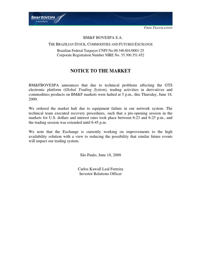 Notice To The Market - GTS System Network On June 19th, 2009 | PDF