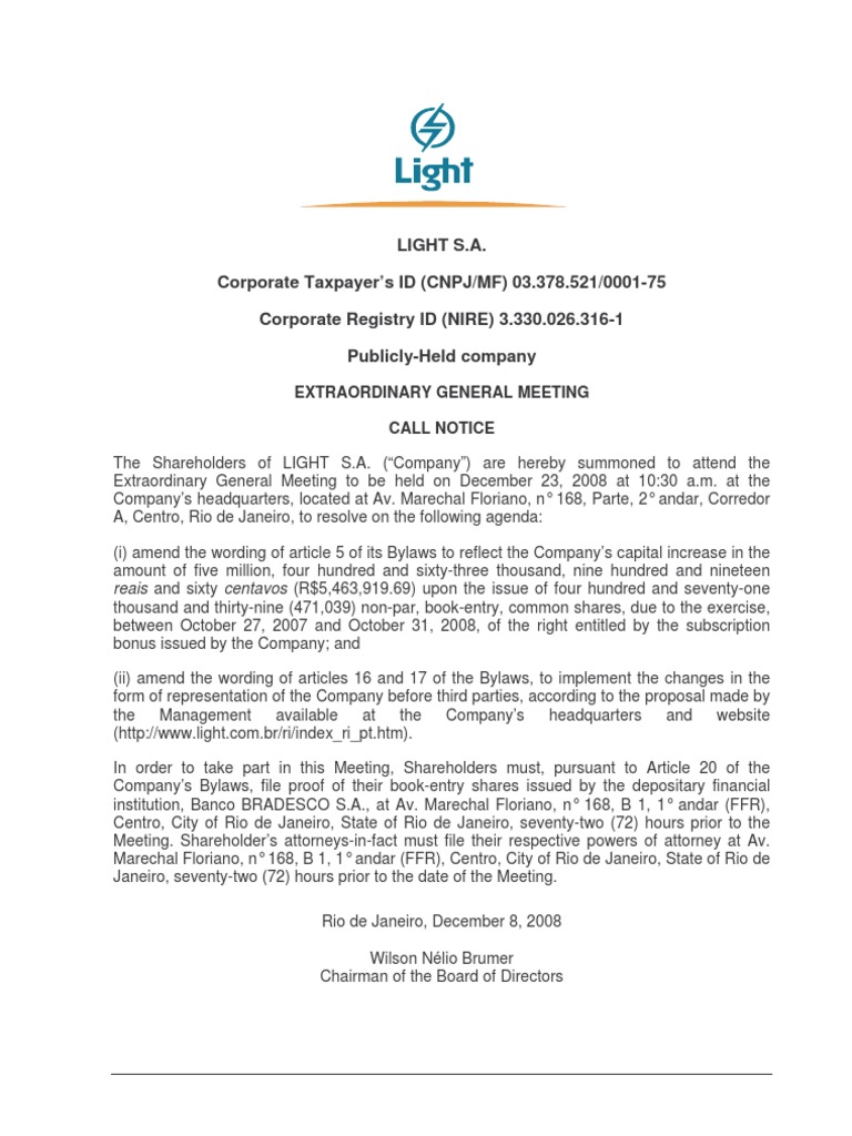 Light S.A. Shareholders' Meeting Notice | PDF | Business | Finance ...